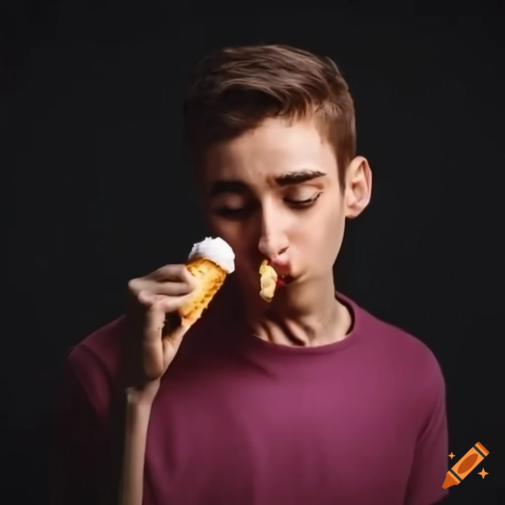 Man eating ice cream cone, full length portrait