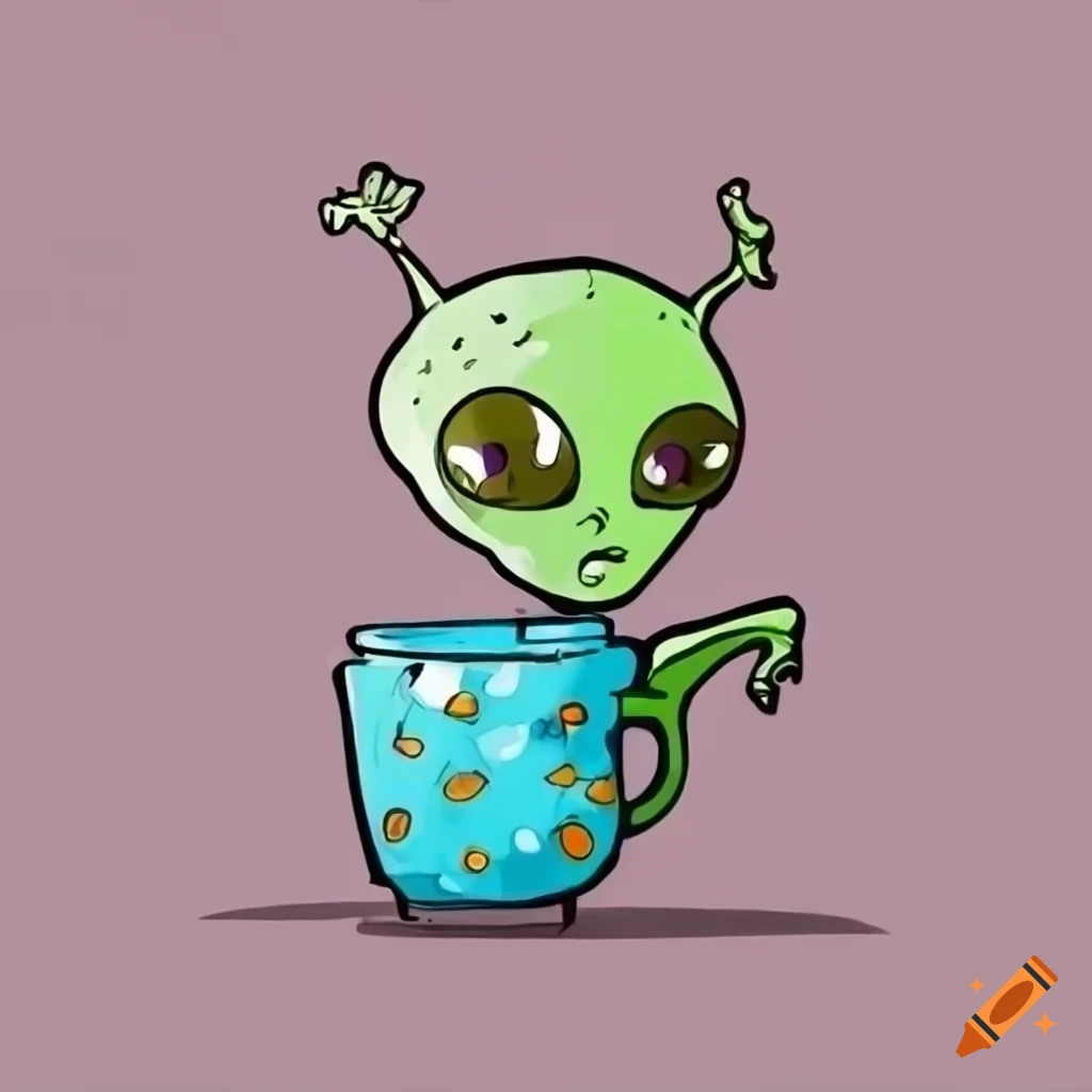 Cartoon alien in a shirt drinking a bubble tea
