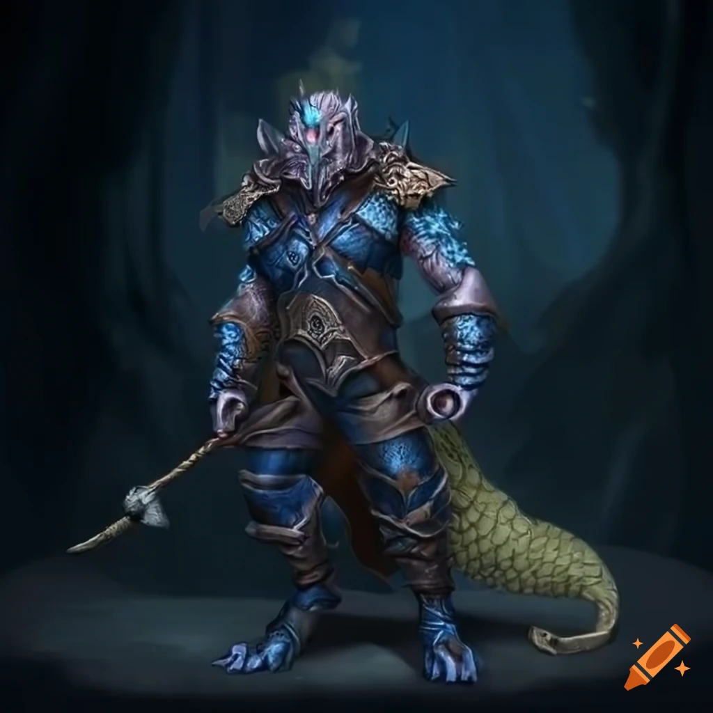 Majestic male Dragonborn with blue scales, bronze eyes, chain mail ...