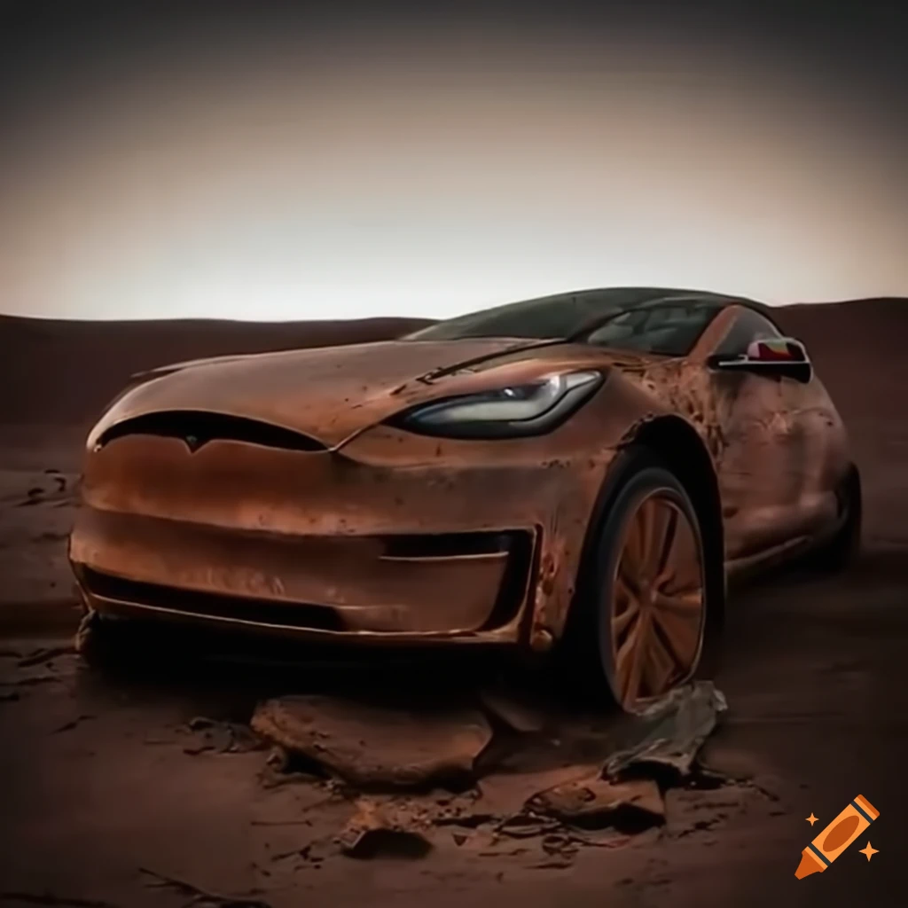Rusted broken tesla model 3 buried in the desert