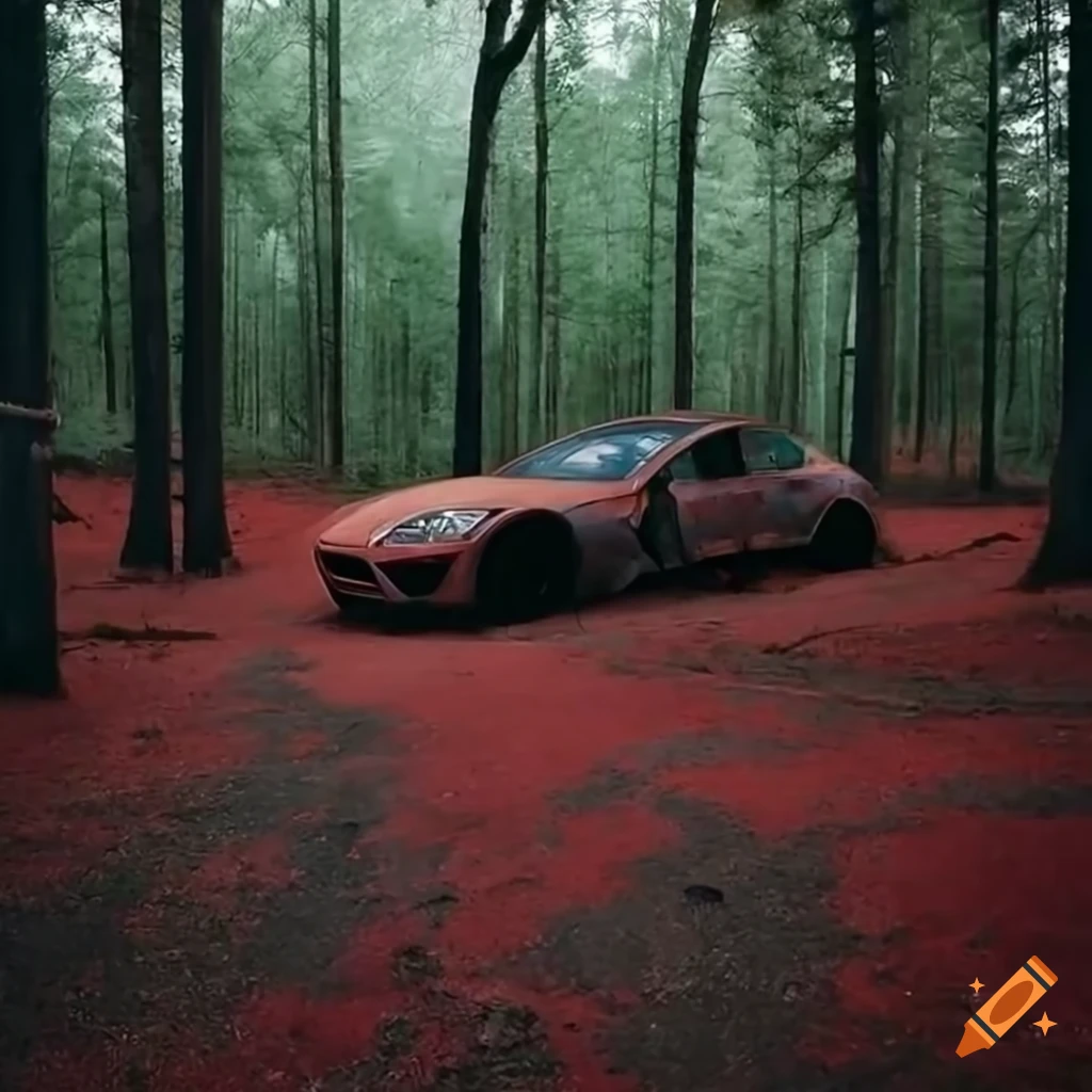 Many abandoned and rusted tesla cars engulfed by nature, surrounded by ...