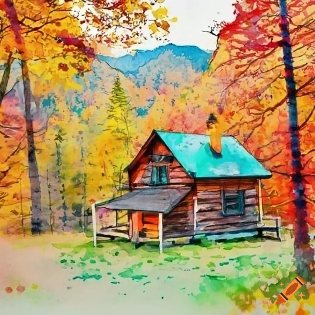 Vibrant watercolor of a secluded cabin surrounded by autumn beauty