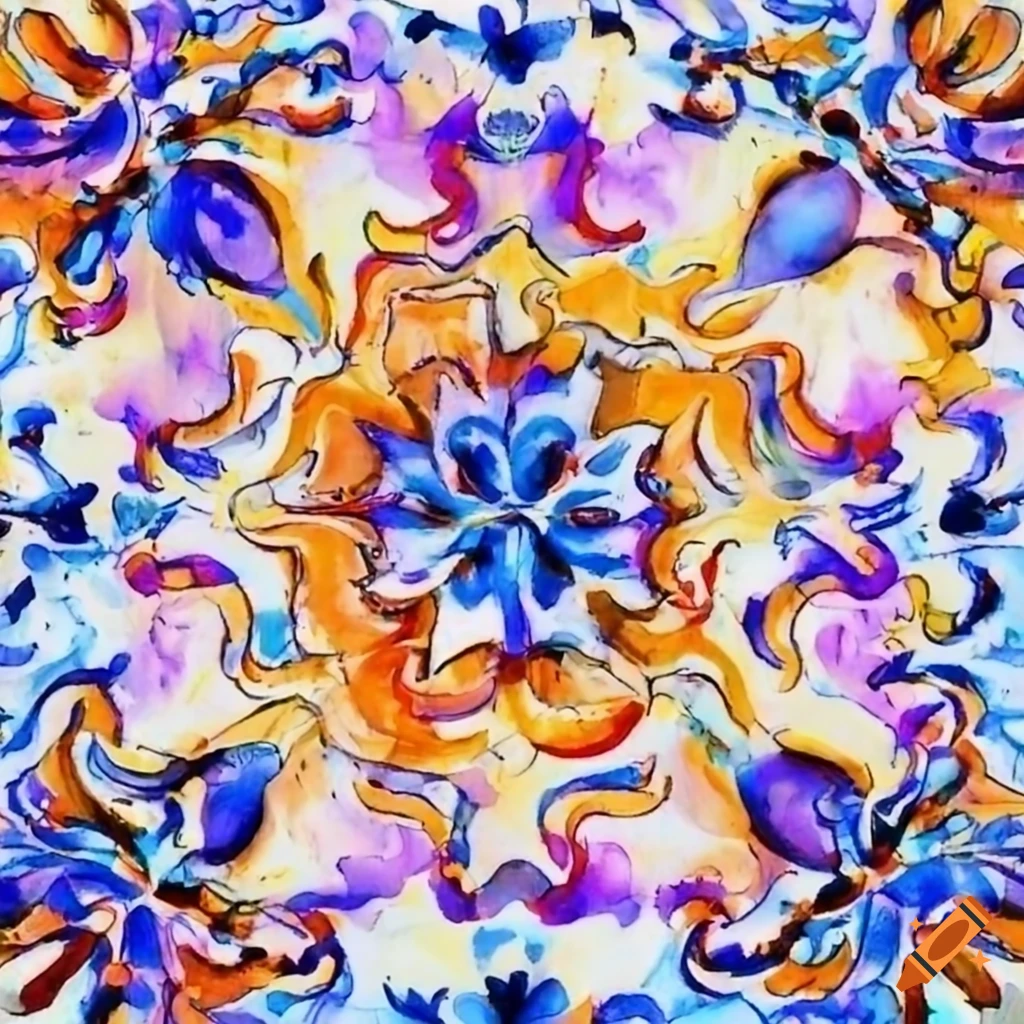 Portuguese tile style pattern, ink painting, colourful