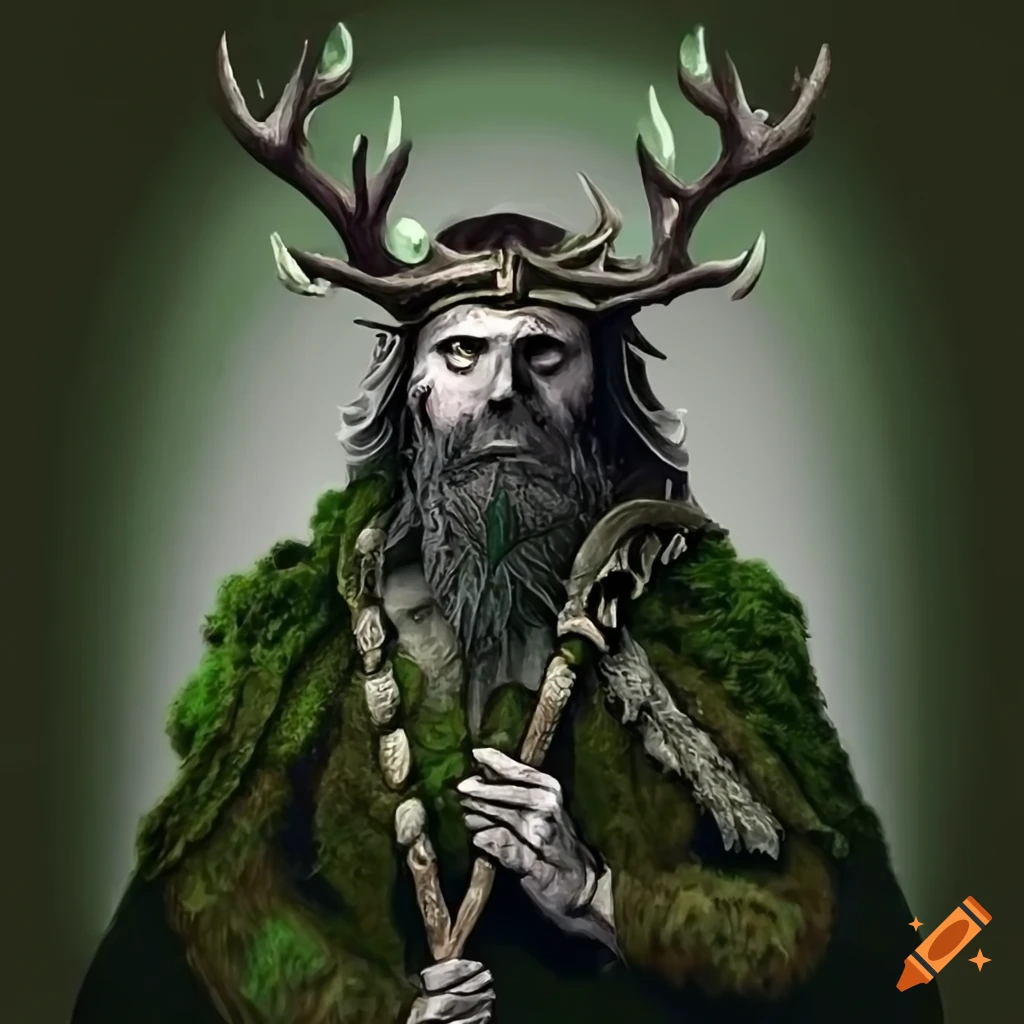 Male Druid with antler helmet and a moss cloak with green fire on Craiyon