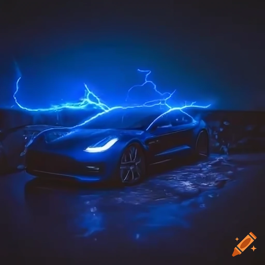 Tesla model 3 completely made out of blue lightning. dark and rainy on ...