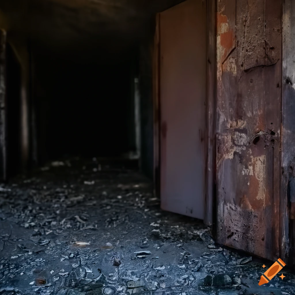 Detailed photograph of dark abandoned bunker with rusted metal doors ...