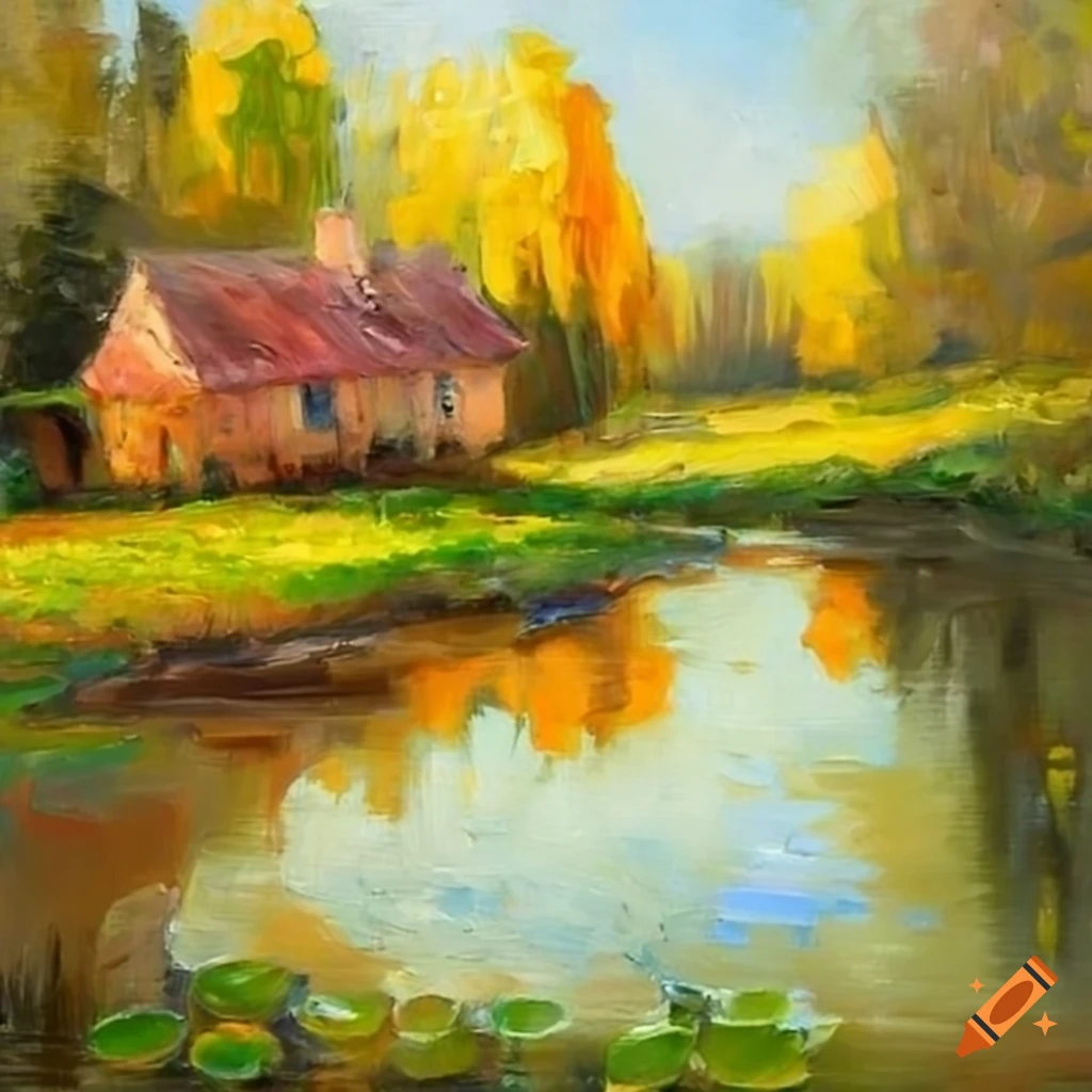 Oil painting of a village near a pond, spring time