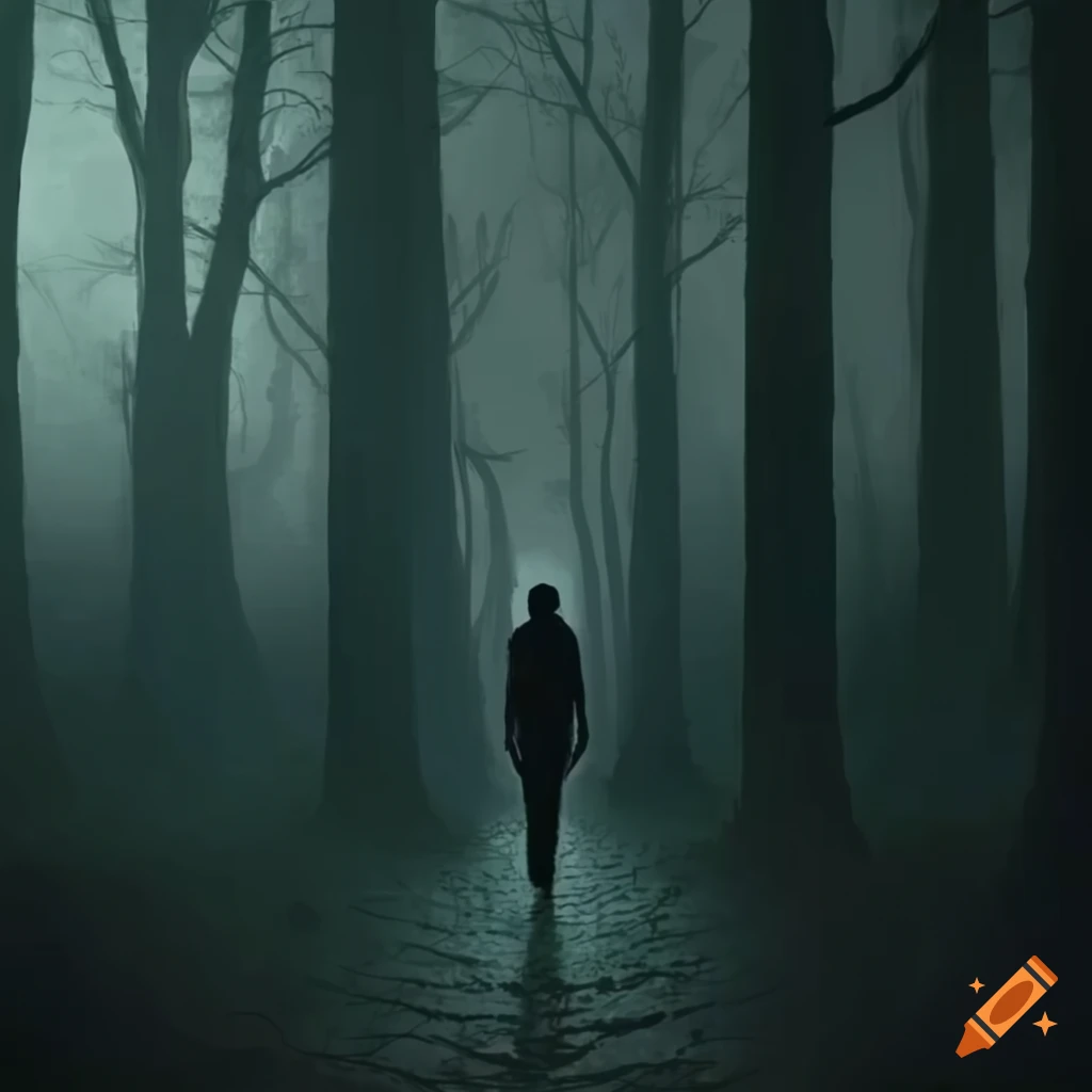 An unsettling tall human figure emerging from the darkness in a moonlit ...