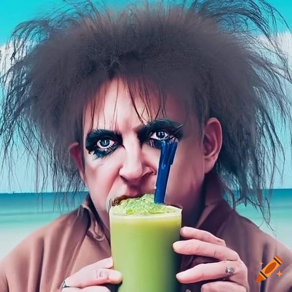 The cure's robert smith drinking a tropical smoothie on the beach on ...