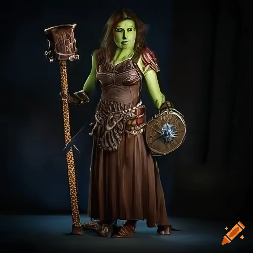 A female orc cleric wearing chainmail and wielding a mace and shield ...