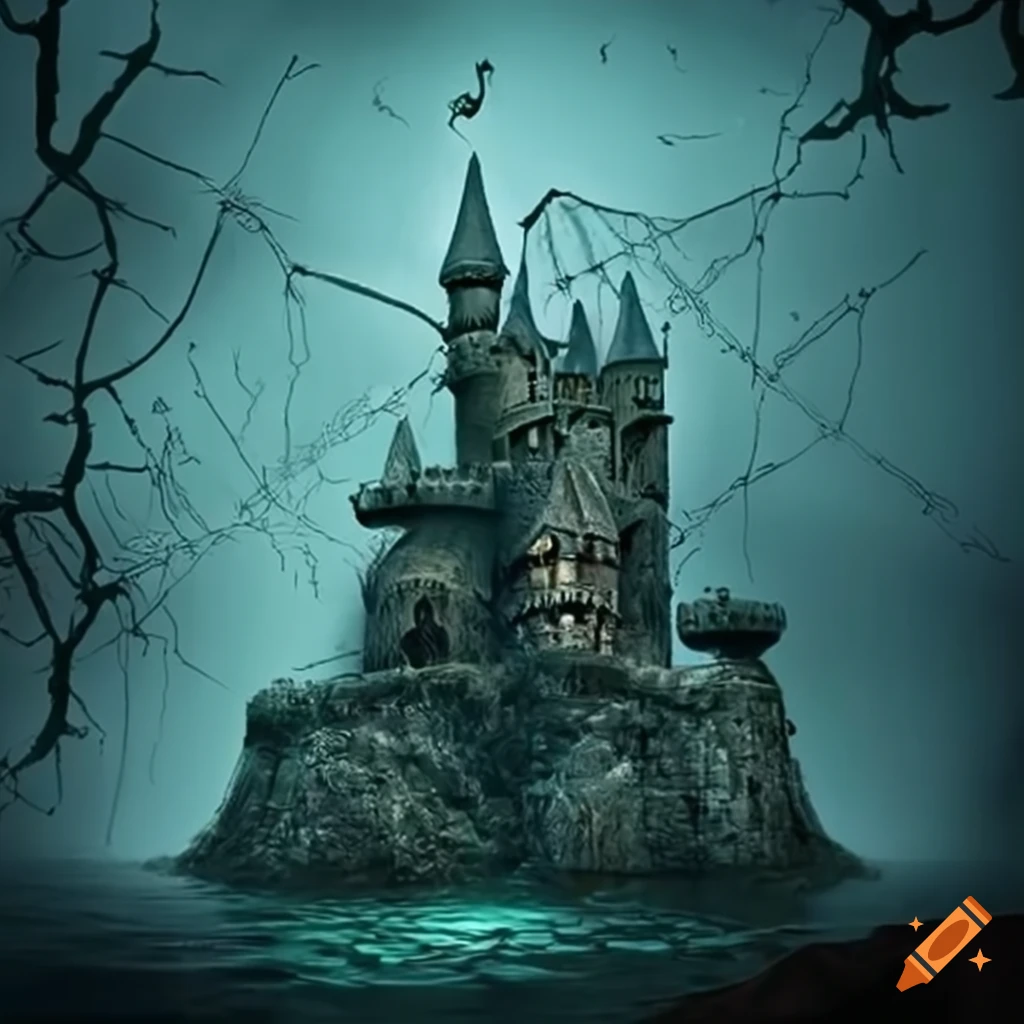 A spooky undead insect water castle adorned with cobwebs on Craiyon