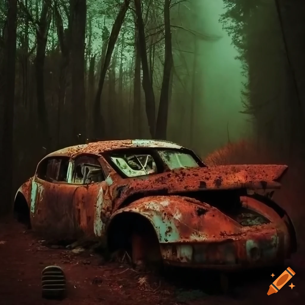 Many abandoned and rusted tesla cars engulfed by nature, surrounded by ...