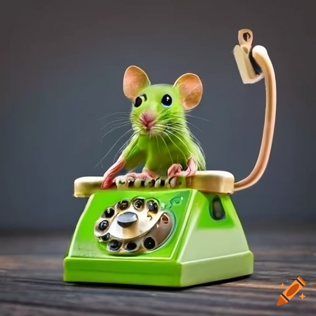 Green animal mouse sitting on an old telephone on Craiyon