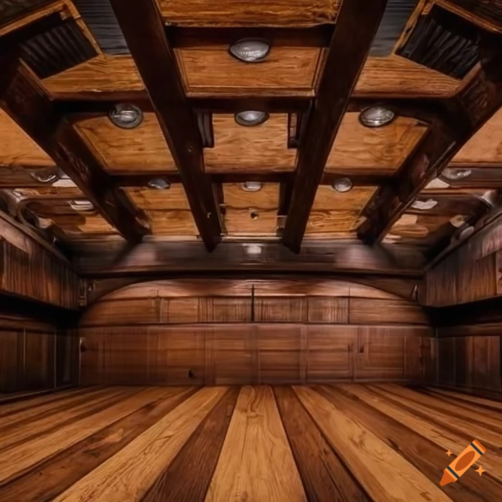A sleek, old, wooden, conference room