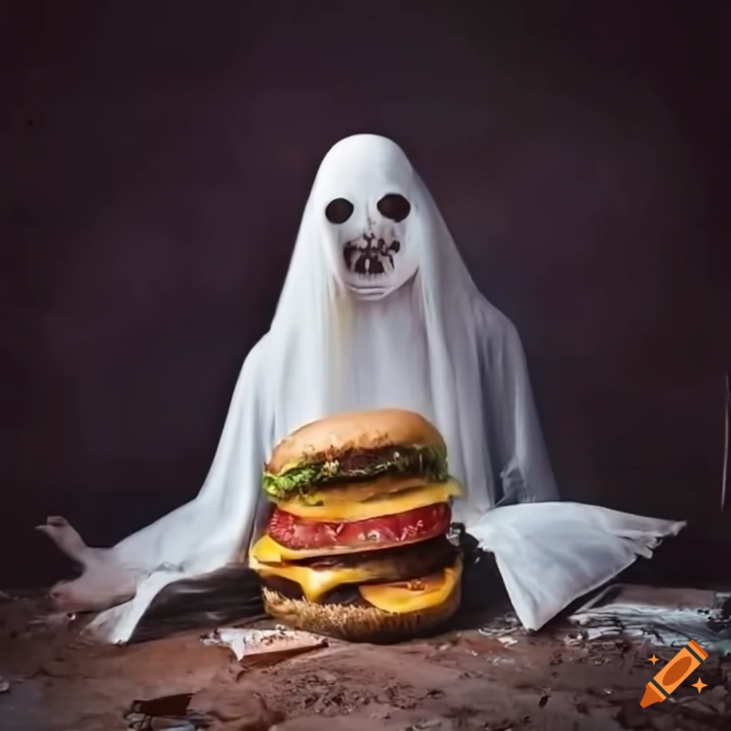 A sheet wearing ghost eating cheeseburgers and hotdogs under an ...