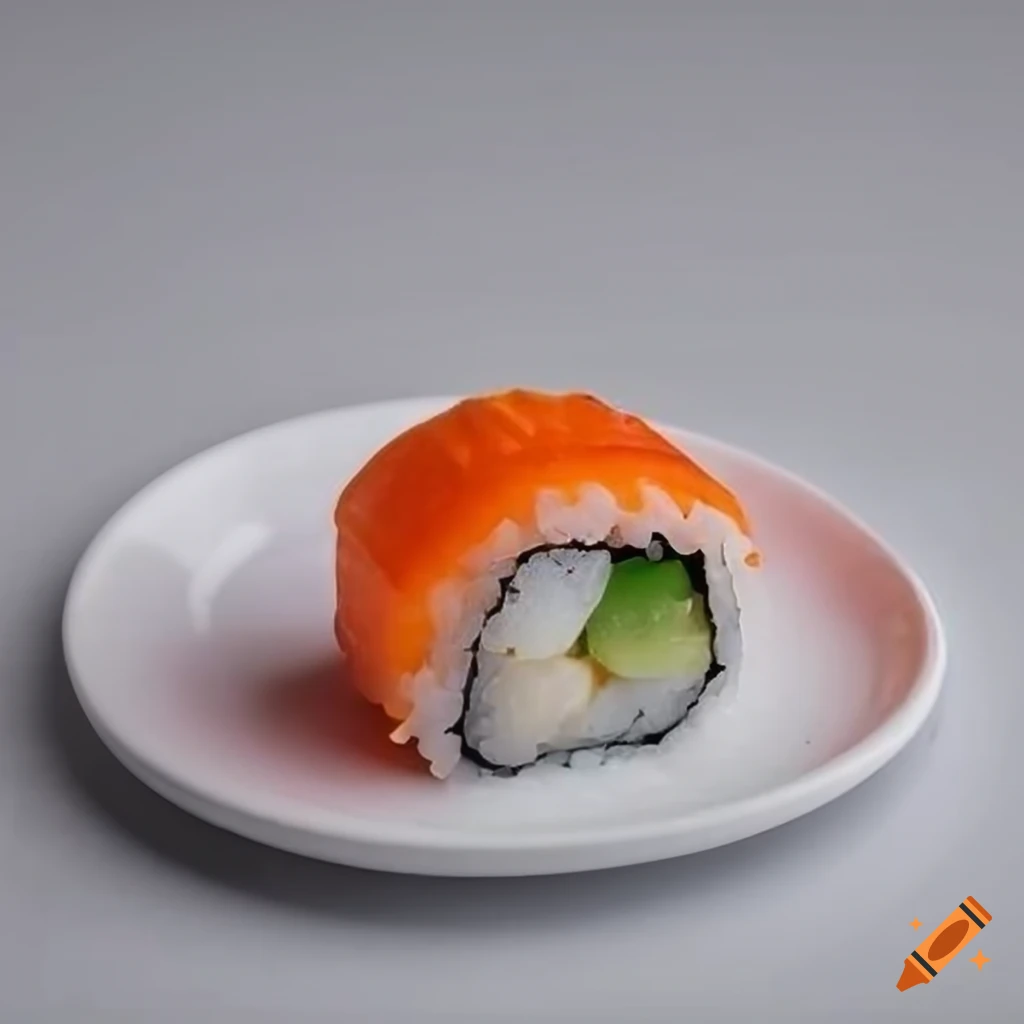 Single sushi roll in a white plate on a white background