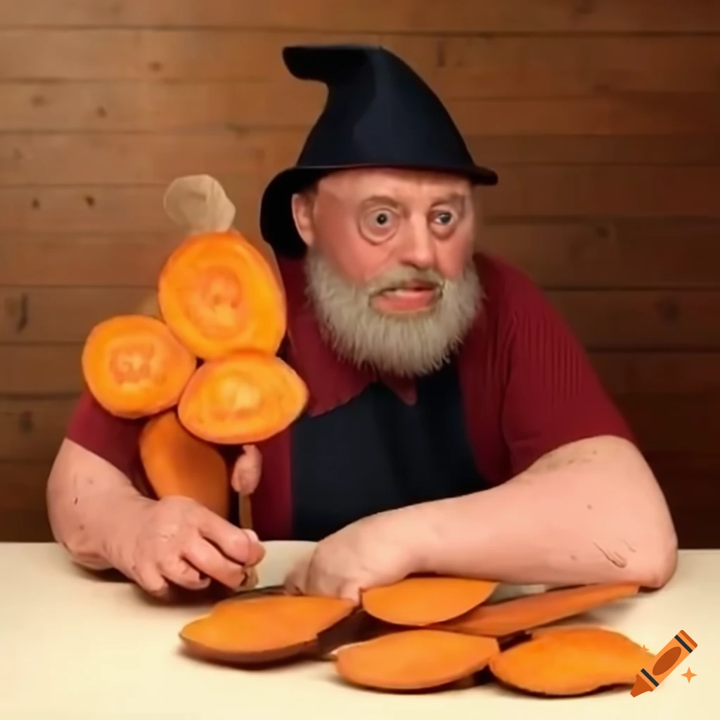 A wizard cutting a sweet potato into slices on Craiyon
