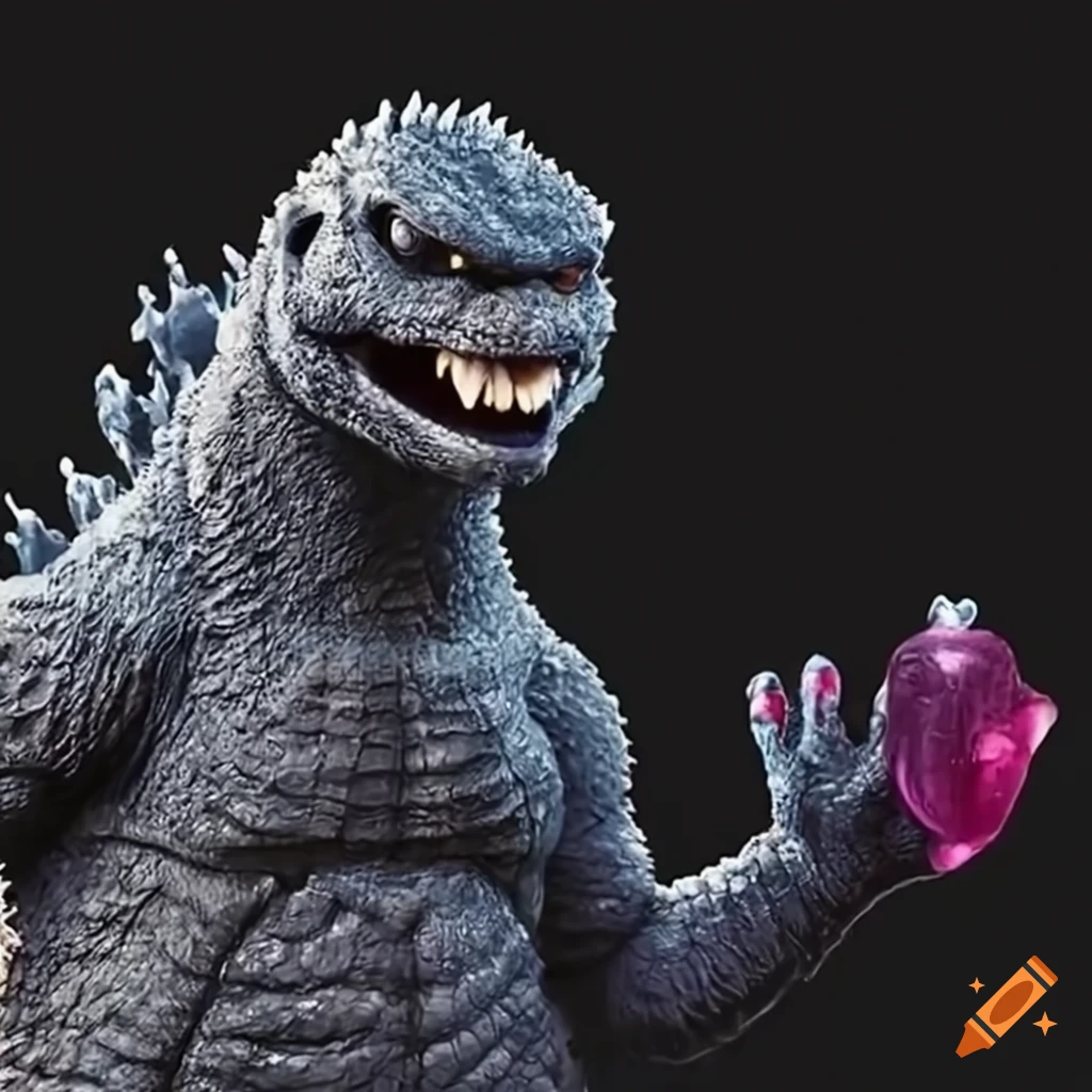 Godzilla makes friends with a gummy bear