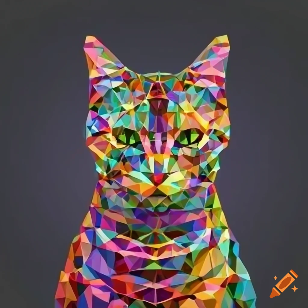 Perfectly symmetrical multi coloured polygon wireframe of a cat on Craiyon