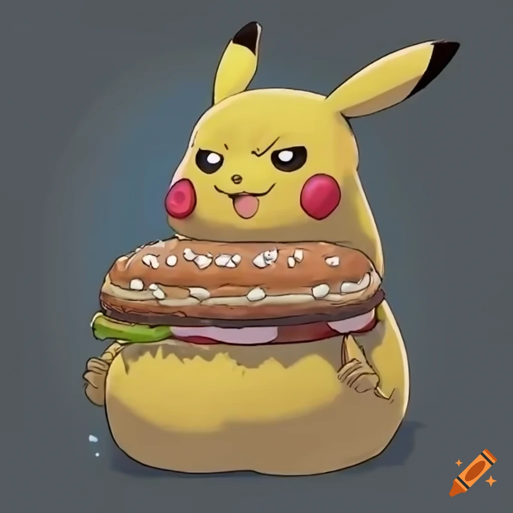 Fat pikachu eating a hamburger while crying on Craiyon