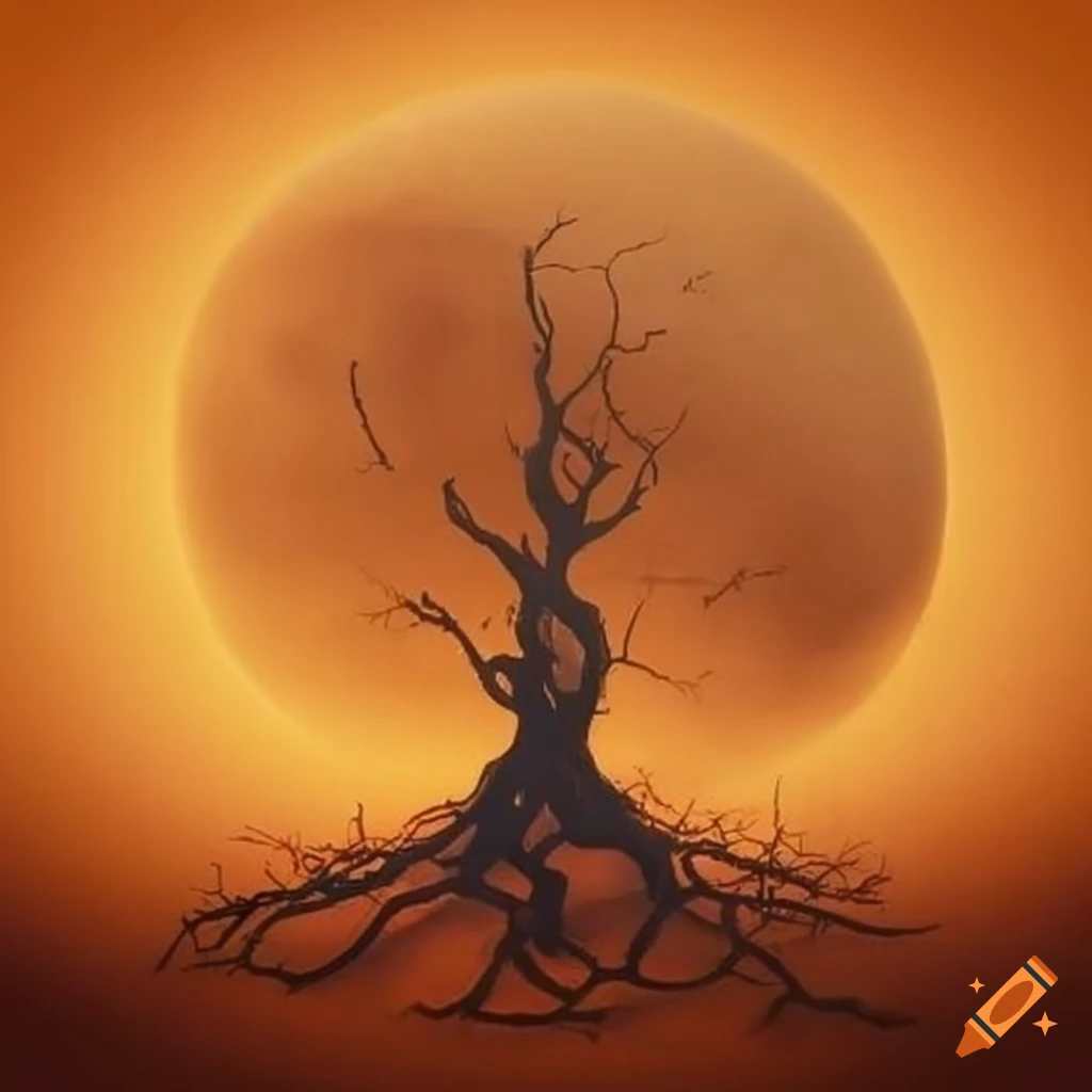 In a hazy atmosphere, a luminous, grey planet. A tree with arabesques ...