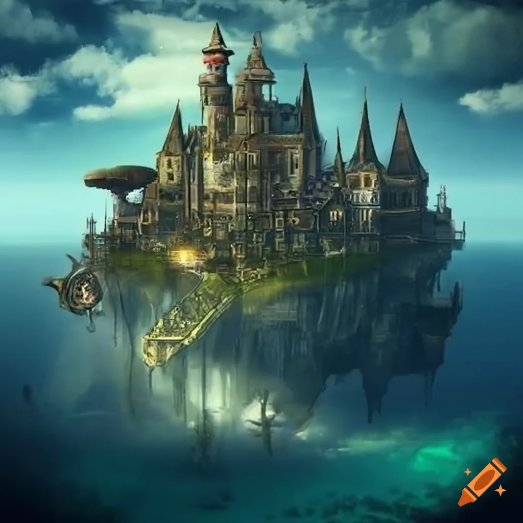 Realistic fantasy landscape, a magnificent steampunk town on a massive ...