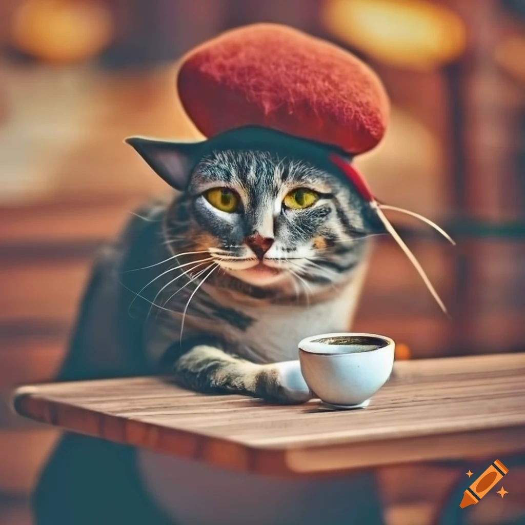 A cat with a beret and a cup of espresso, savoring a croissant at a ...