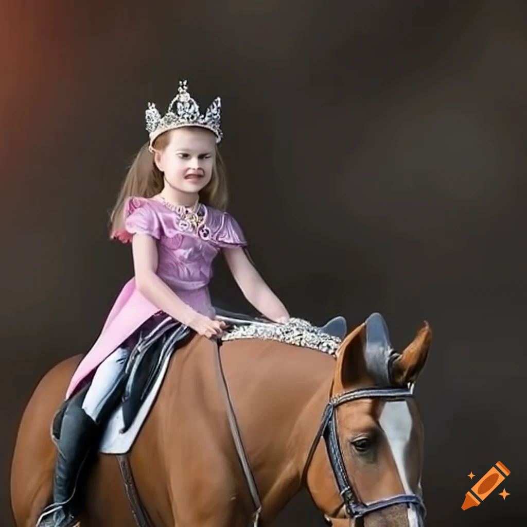 Young princess riding horse wearing a tiara