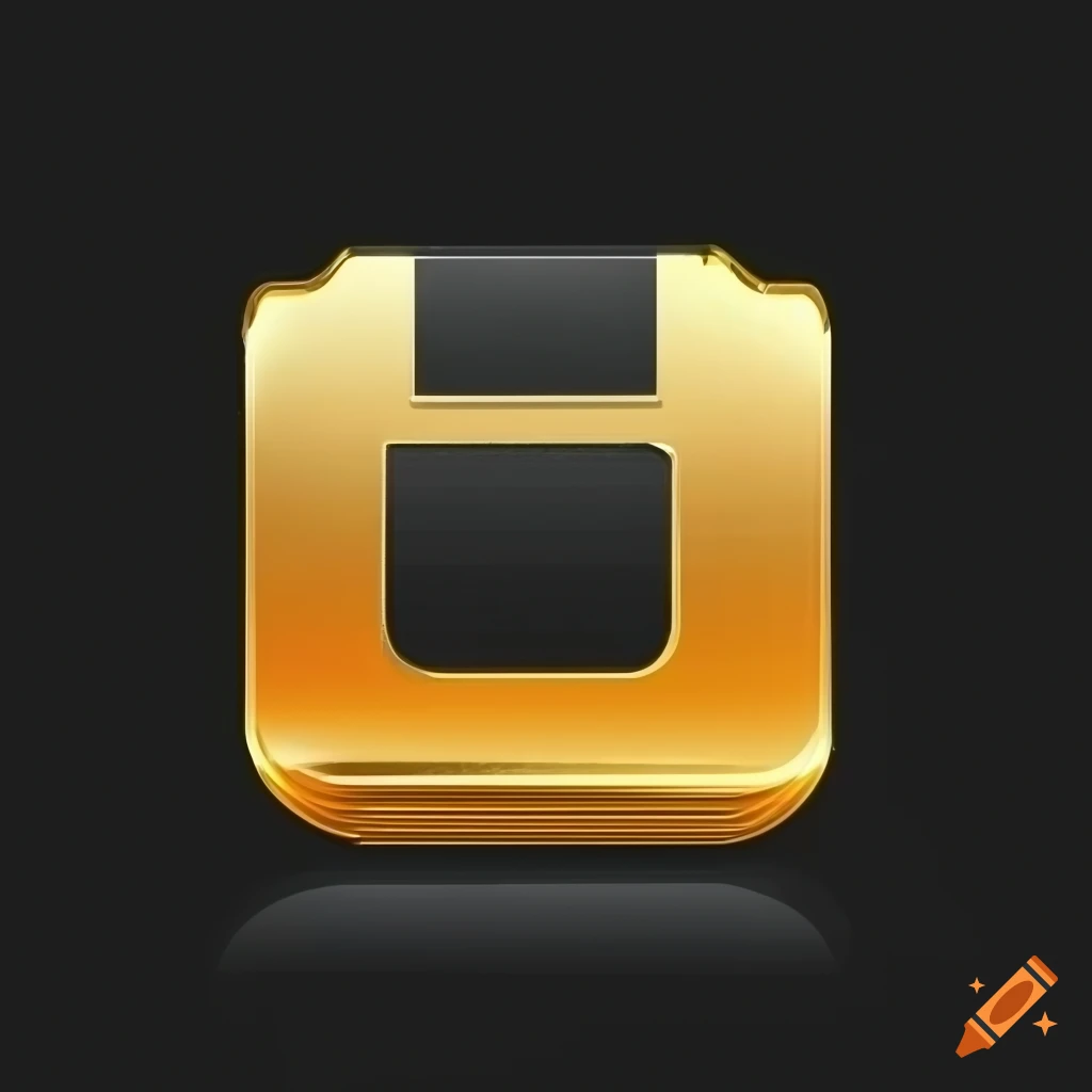 A shiny golden floppy disk icon on a black background