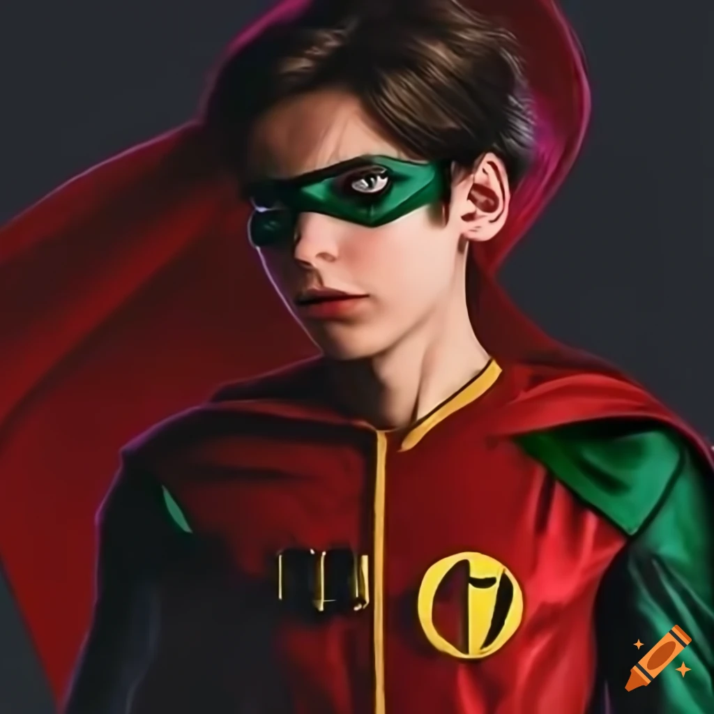 Aidan gallagher dressed as robin (tim drake) on Craiyon