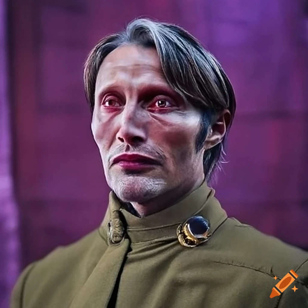 Mads mikkelsen Cosplsying as a flamboyant vampire wearing a olive coat ...