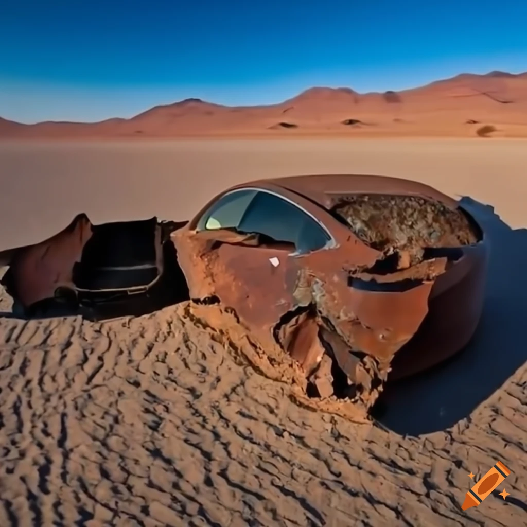Rusted broken tesla model 3 buried in the desert