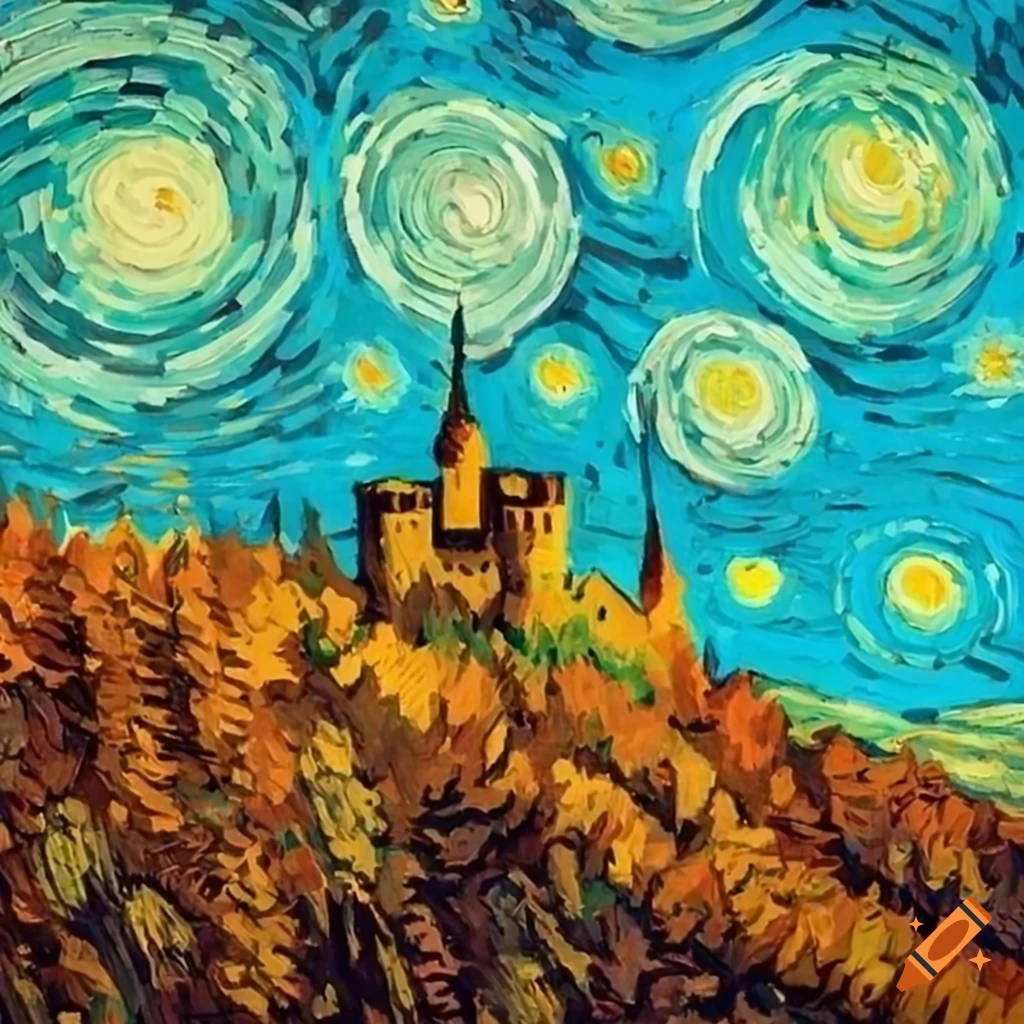 A castle on a ridge in a autumn forest in the style of van gogh