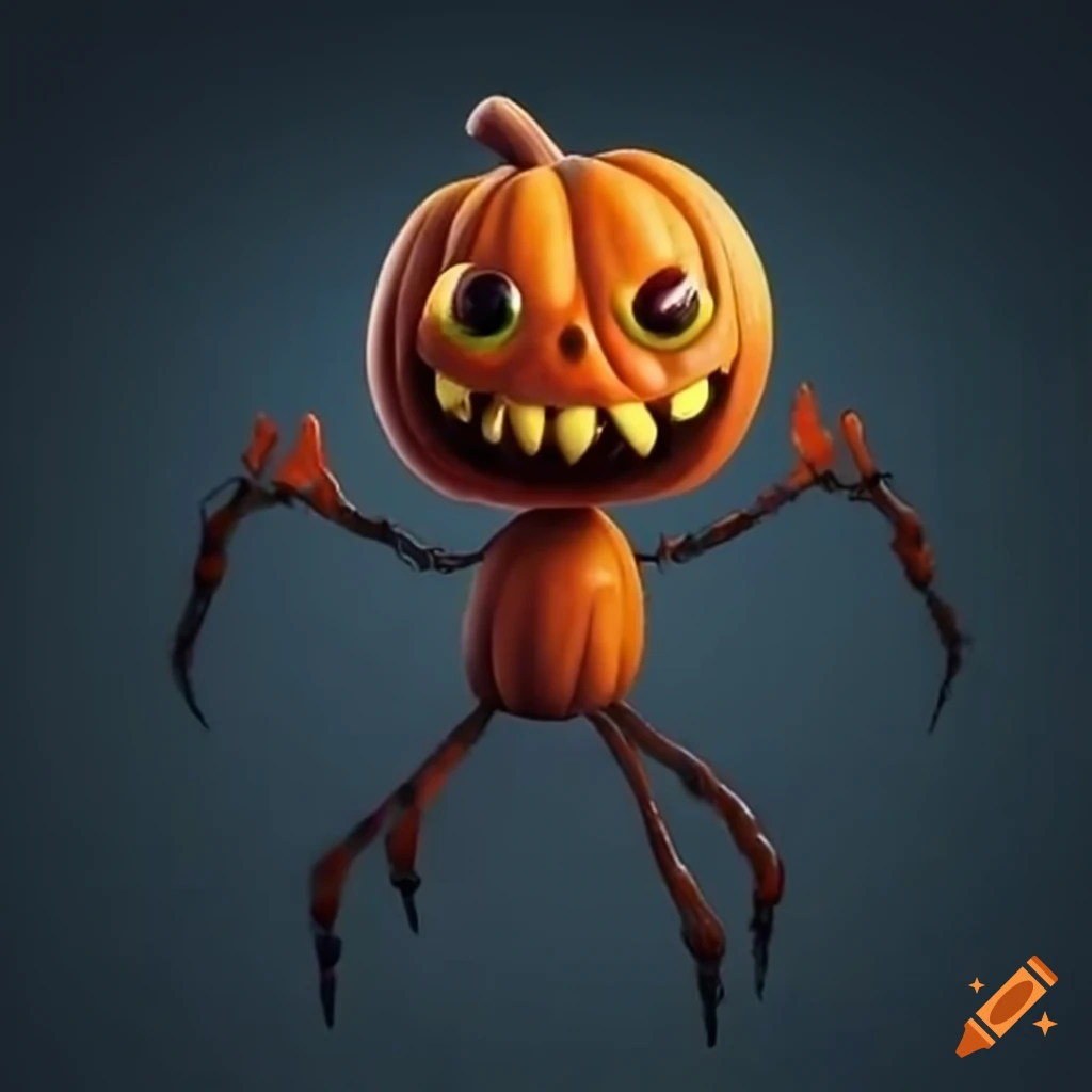 Cartoonish-like pumpkin monster with spider legs on Craiyon