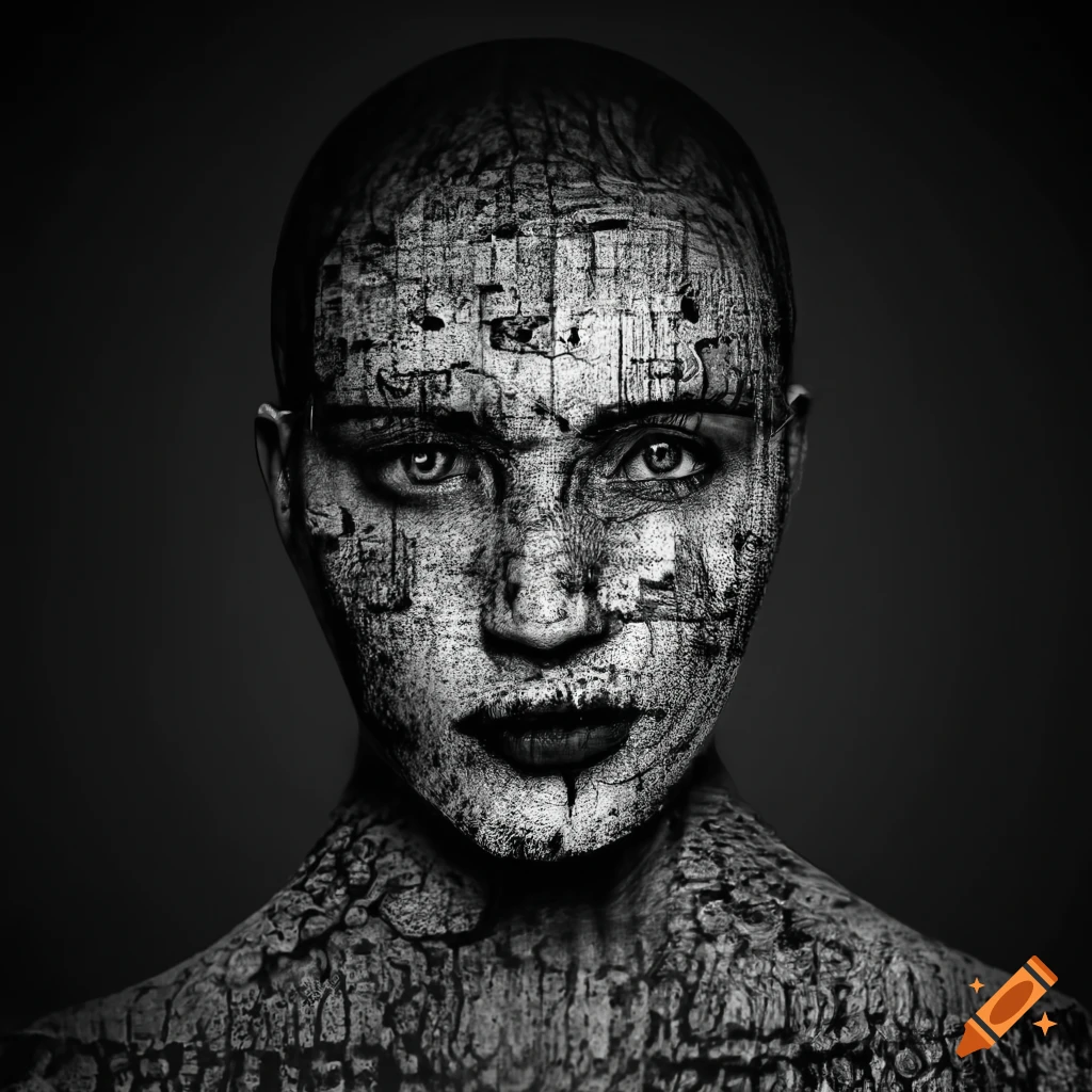 Abstract monochrome portrait of a human face texturized with digitized ...