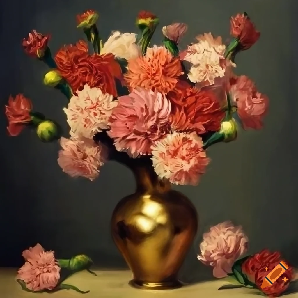 Oil painting, carnations, colorful carnations in a vase, gold vase ...