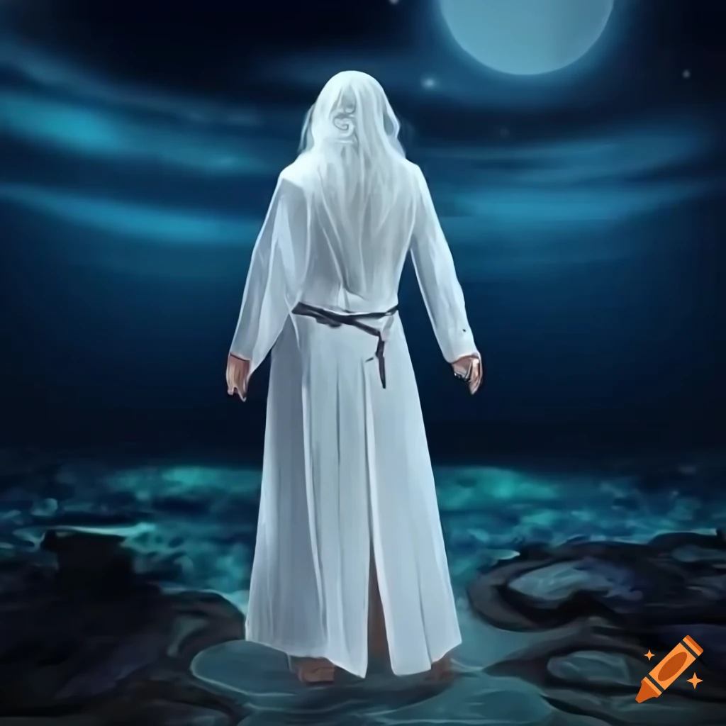 An ancient wise mage backwards in straight erect posture with white ...