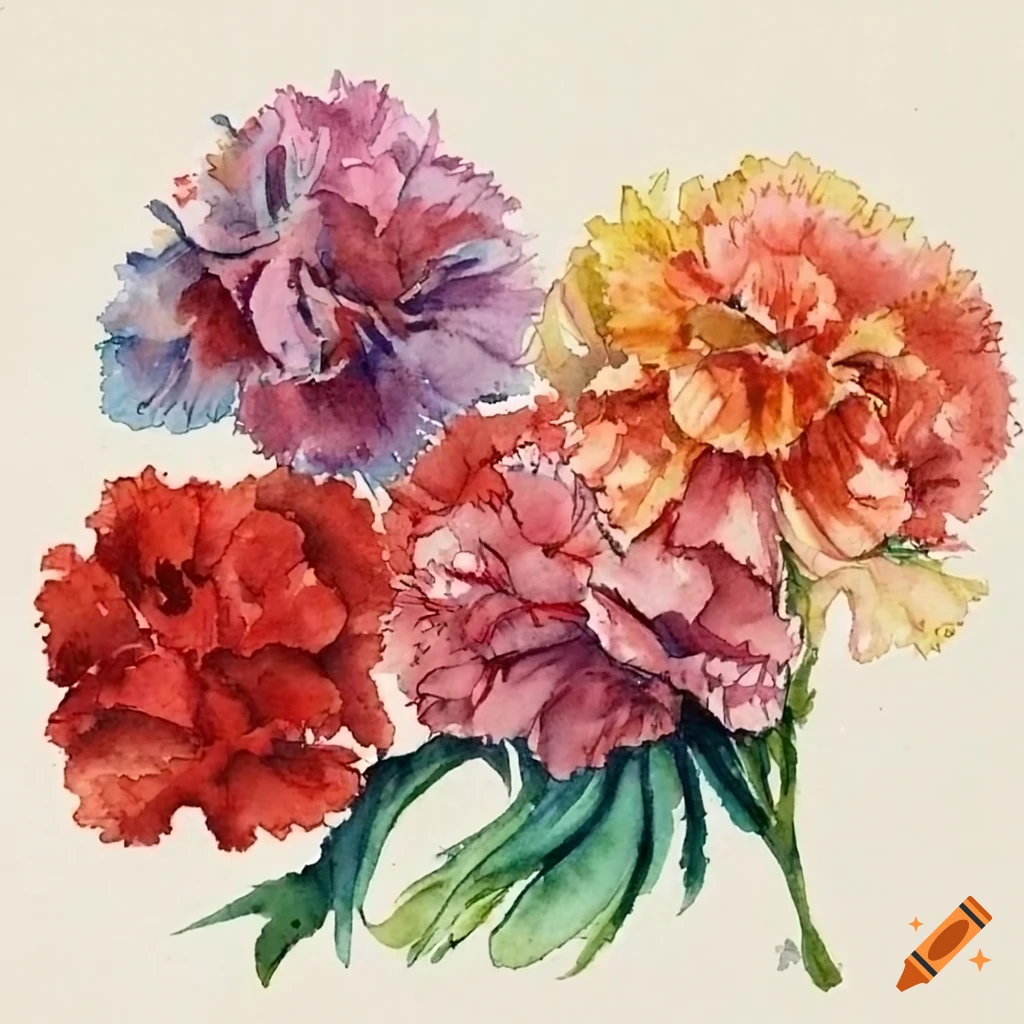 Vivid watercolor carnations in close-up, botanical art masterpiece