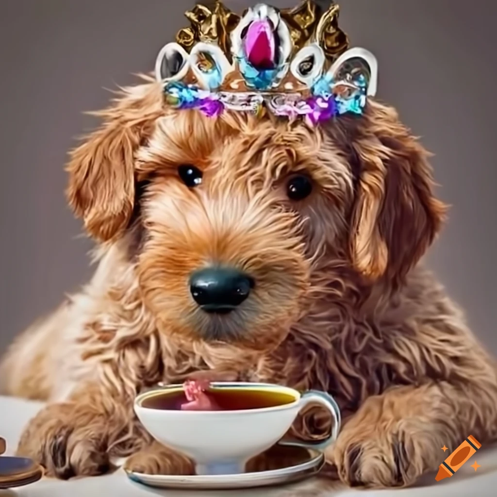 Golden doodle puppies wearing tiaras and sipping tea