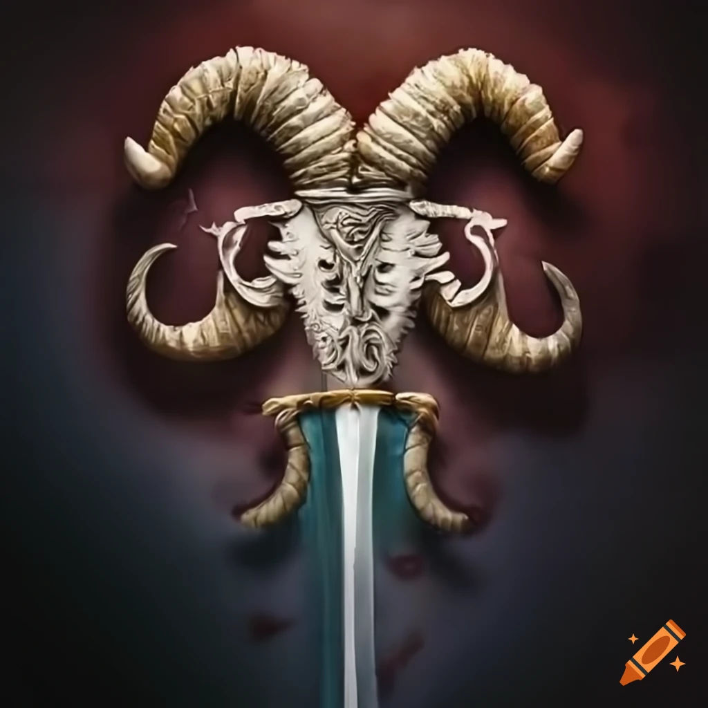 Family crest: a sword with goat horns at its sides, like wings on Craiyon