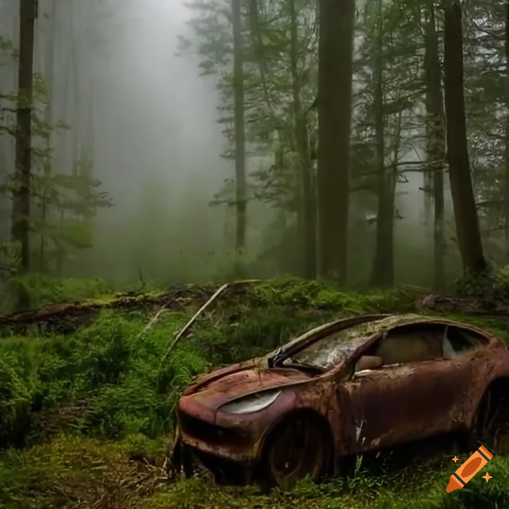 Car cemetery full of old and rusted Tesla's in the Forrest with fog ...