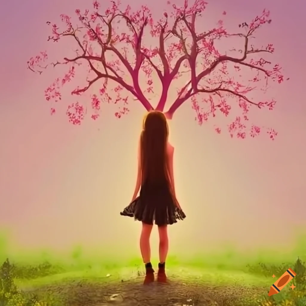 A girl standing in front of a tree rooted in love