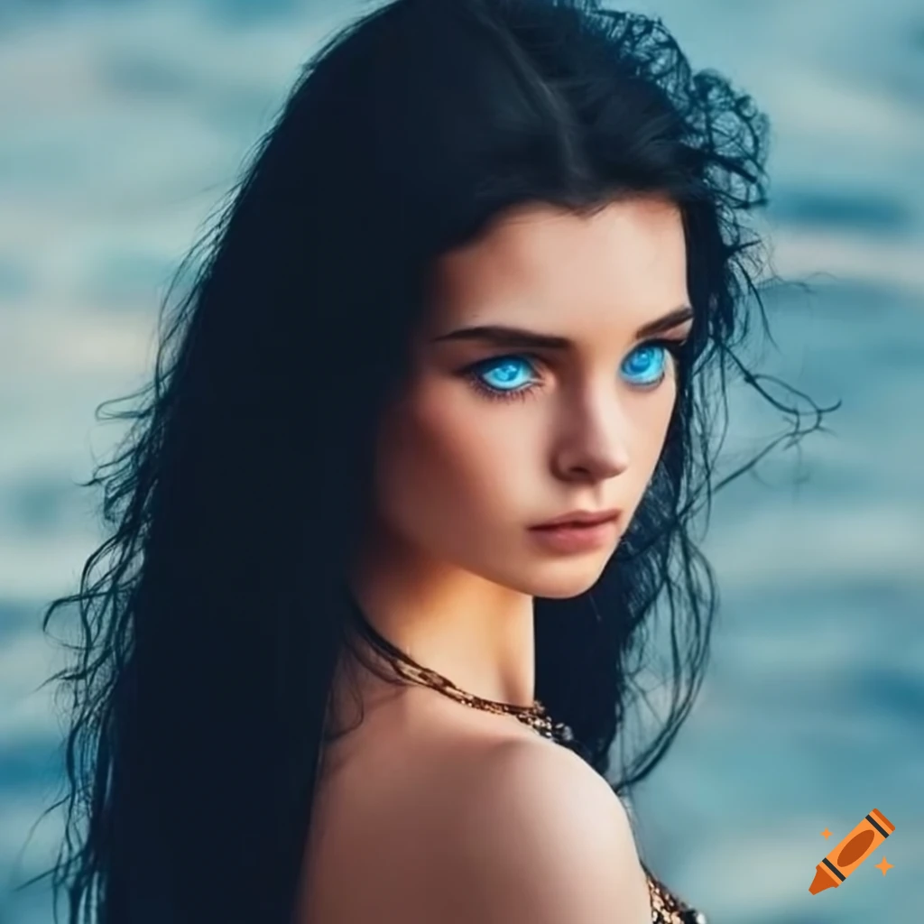 Gorgeous young woman with Italian heritage, black hair, blue eyes ...