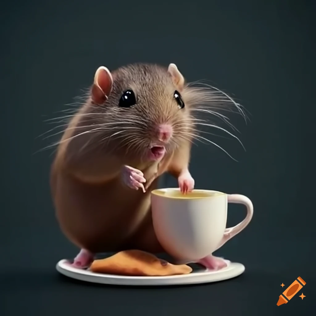 Small rodents wearing aprons holding cups of coffee