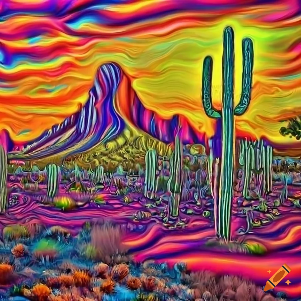 Psychedelic painting of arizona desert. mountains and saguaro cactus ...