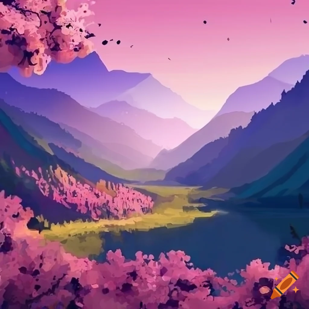 Epic river valley with cherry blossom trees, surrounded by mountains ...