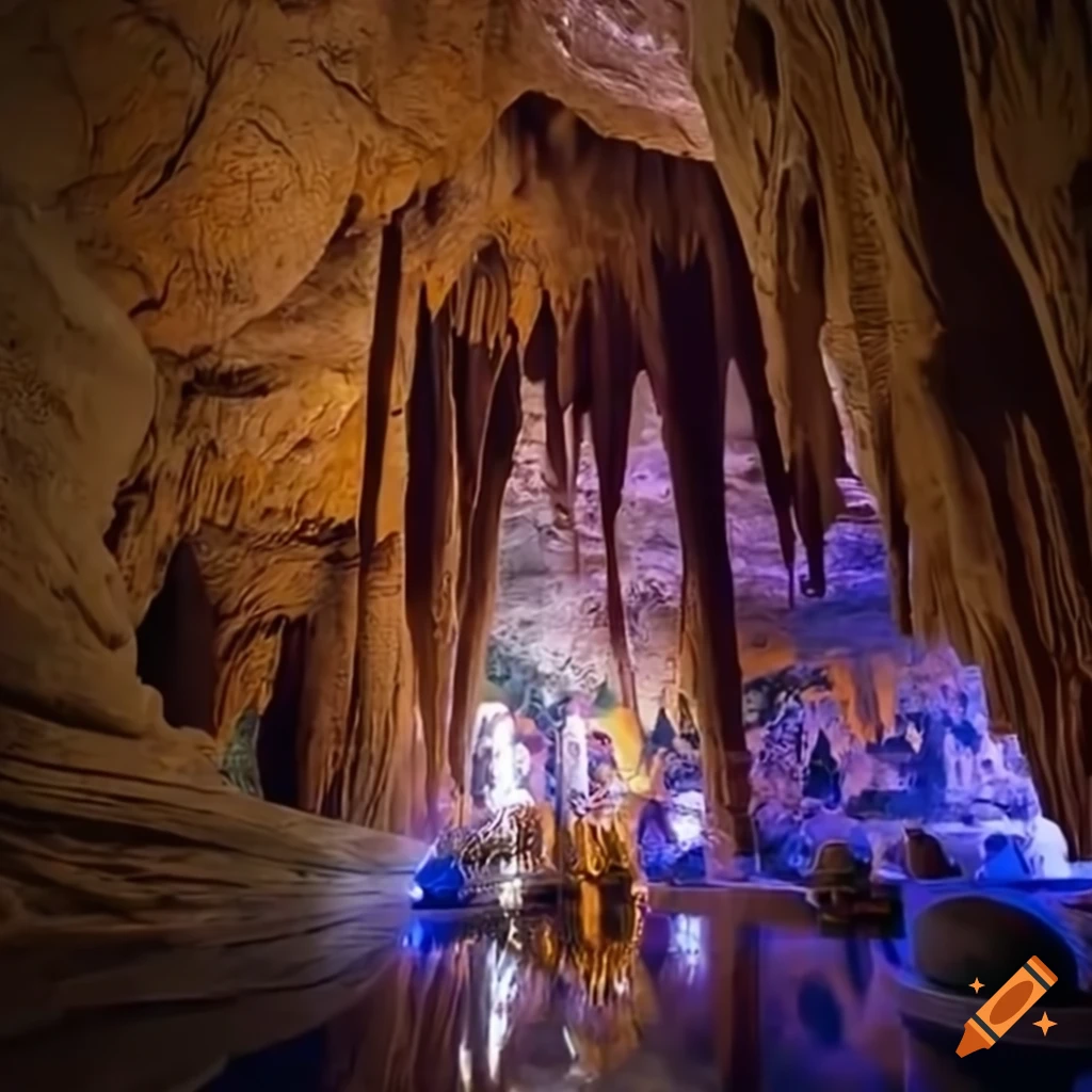 Alibaba standing in awe inside the treasure-filled cave, surrounded by ...