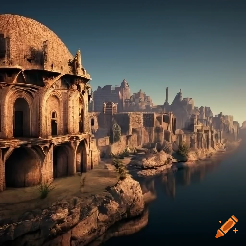 View from a stronghold, similar to the city state of Troy, situated on the shore of a large lake ...