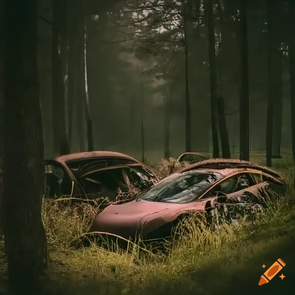 Car cemetery with lots of broken and rusted tesla model 3 cars in the ...