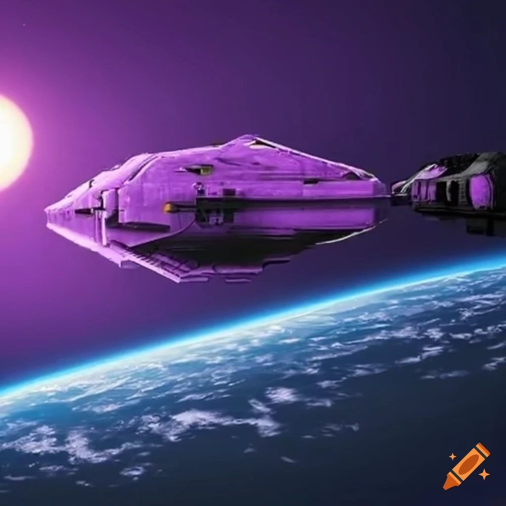 Purple and black space ship launching from earth